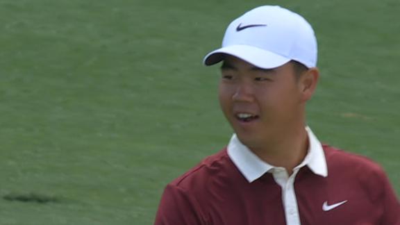 Tom Kim has priceless reaction after bouncing in a chip for birdie ...